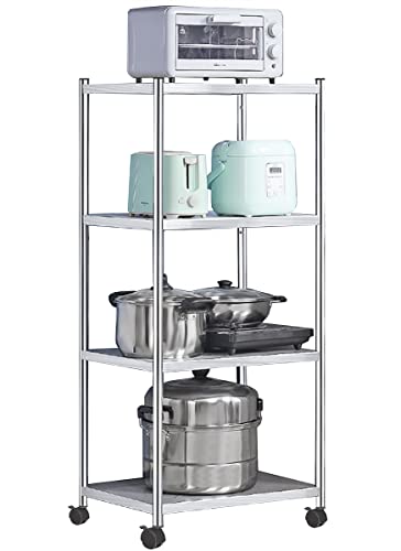 JEPRECO 4-Tier Stainless Steel Shelving Unit with Wheels 15.7" L x 13.8" W x 43.5" H for Narrow Places, Kitchen Baker's Rack Cart for Kitchen Office Home, Multi-Purpose Organizer Rack