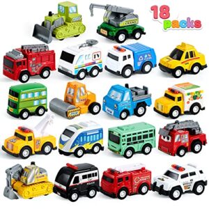 joyin 18 piece pull back city cars and trucks toy vehicles set model car, friction powered die-cast cars for toddlers, boys, and girls’ educational play, easter basket stuffers egg fillers