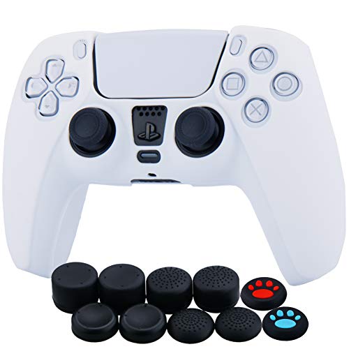 YoRHa Silicone Cover Skin Case for PS5 Dualsense Controller x 1(White) with Thumb Grips x 10