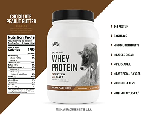 Levels Grass Fed 100% Whey Protein, No GMOs, Chocolate Peanut Butter, 2LB