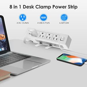 ANNQUAN Desktop Clamp Power Strip with 4 USB Ports,Desk Mount Power Strip,Office Supplies for Edge Mount Desk Power Station,6ft Extension Cord,Desk Power Hub,4 Outlets(White)