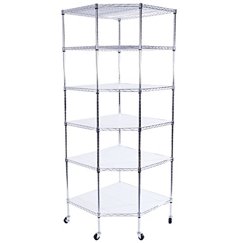 WEI WEI GLOBAL 6 Tiers Polygonal Corner Shelf, Metal Storage Standing Rack w/Wheels, Wire Shelving Unit for Kitchen, Garage and Living Room (Silver)