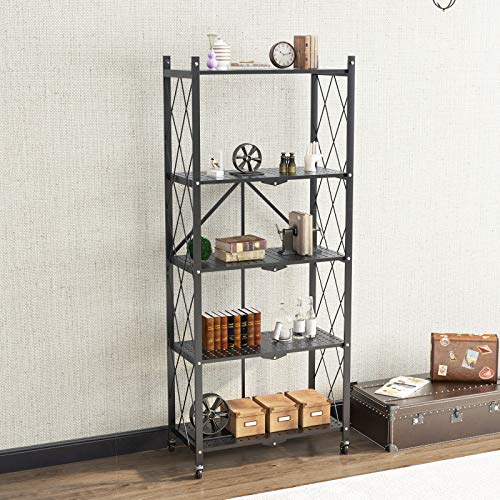 SogesGame Folding Shelving Metal Storage Rack,5-Tier Standing Adjustable Wire Shelving Shelf Unit Shelvesfor Laundry Bathroom Kitchen Pantry Closet (Black)