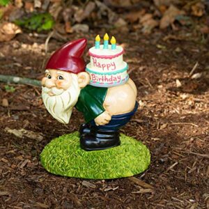 Kwirkworks Funny Garden Gnome - Happy Birthday Cake Decorative Lawn Statue - 8 inches Tall