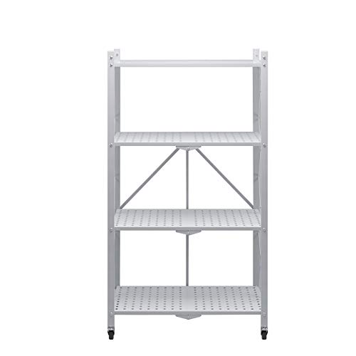 soges 4-Tier Foldable Shelf, Heavy Duty Metal Rack Storage Shelving Units with Wheels, Easy Moving Multifunction Utility Cart for Home Office Kitchen Garage, White,CXYM-R4-W