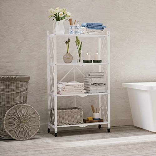 soges 4-Tier Foldable Shelf, Heavy Duty Metal Rack Storage Shelving Units with Wheels, Easy Moving Multifunction Utility Cart for Home Office Kitchen Garage, White,CXYM-R4-W