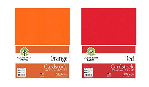 Bundle - 2 Cardstock Items - Red - 8.5 x 11 inch - 65Lb Cover; Orange - 8.5 x 11 inch - 65Lb Cover - 100 Sheets Total - Clear Path Paper