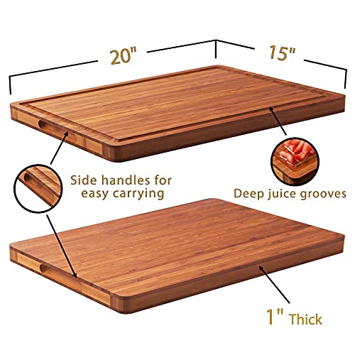 XL Cutting Board for Kitchen, 20x15" Extra Large, 1" Thick Bamboo Wood Butcher Chopping Block, Cheese Board, Durable Reversible with Juice Grooves and Handles