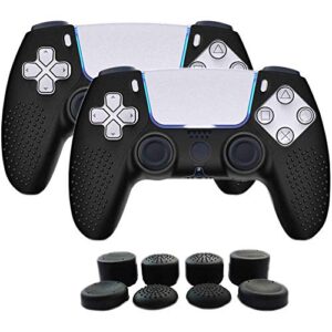 aosai ps5 dualsense controller skin, studded anti-slip ps5 dualsense controller cover silicone grip for ps5 controller(black controller skin x 2 + fps pro thumb grips x 8)