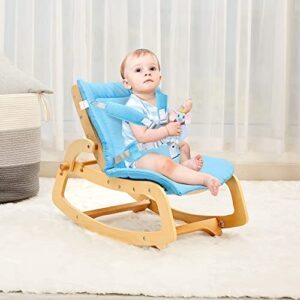 mallbest 3-in-1 baby bouncer adjustable wooden rocker chair recliner with removable cushion and seat belt for infant to toddler (blue)