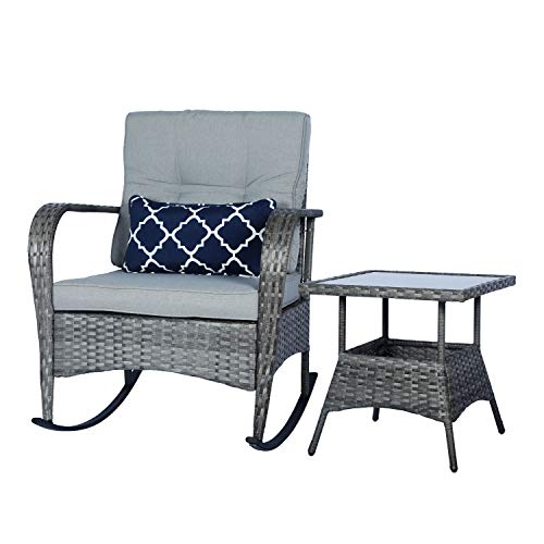 FUNKOCO 3 Pieces Patio PE Rattan Conversation Chair Set, Outdoor Furniture Rocking Chair Set with Water-Proof Cushion&Coffee Table for Garden,Backyard and Porch (Light Grey)