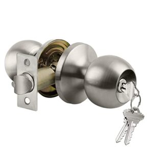 bestten keyed entry door knob with lock, interior and exterior door lock, standard ball, satin nickel