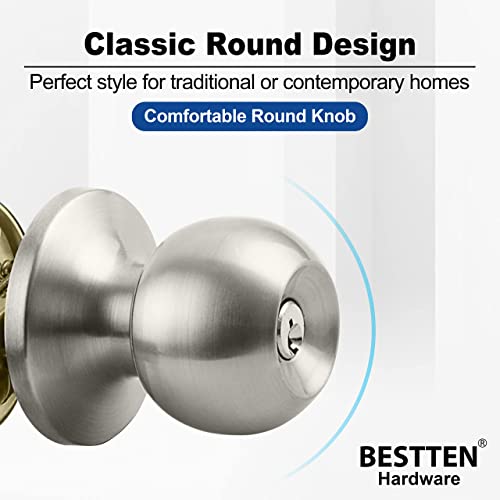 BESTTEN Keyed Entry Door Knob with Lock, Interior and Exterior Door Lock, Standard Ball, Satin Nickel