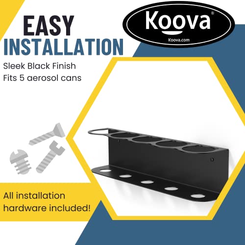 Koova 5 Aerosol Spray Can Holder | Easy Install Wall Mount | Heavy-Duty Powder Coated Steel Storage Rack for Garage & Home | Craft Workspace Paint Bottle Organizer | Hardware Included | USA Made