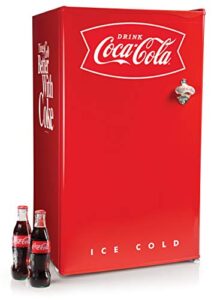 nostalgia coca-cola crf32ck 3.2 cu. ft. refrigerator with freezer adjustable temperature cools as low as 32 degrees, bottle opener, ice cube tray, scraper included, red