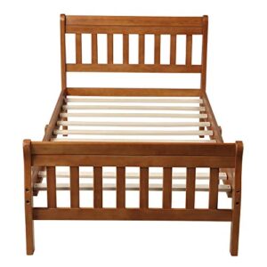 SOFTSEA Twin Platform Bed Frame with Headboard and Footboard for Kids, Solid Wood Twin Bed Frame with Support Slats/Easy Assembly (Twin, Oak)