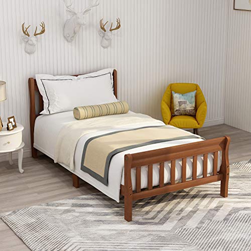 SOFTSEA Twin Platform Bed Frame with Headboard and Footboard for Kids, Solid Wood Twin Bed Frame with Support Slats/Easy Assembly (Twin, Oak)