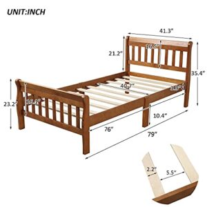 SOFTSEA Twin Platform Bed Frame with Headboard and Footboard for Kids, Solid Wood Twin Bed Frame with Support Slats/Easy Assembly (Twin, Oak)