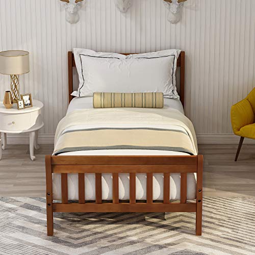 SOFTSEA Twin Platform Bed Frame with Headboard and Footboard for Kids, Solid Wood Twin Bed Frame with Support Slats/Easy Assembly (Twin, Oak)