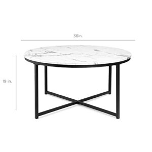 Best Choice Products 36in Faux Marble Accent Table, Modern End Table, Large Coffee Table Home Decor for Living Room, Dining Room, Tea, Coffee w/Metal Frame, Foot Caps, Designer - White/Black