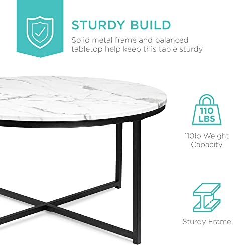 Best Choice Products 36in Faux Marble Accent Table, Modern End Table, Large Coffee Table Home Decor for Living Room, Dining Room, Tea, Coffee w/Metal Frame, Foot Caps, Designer - White/Black