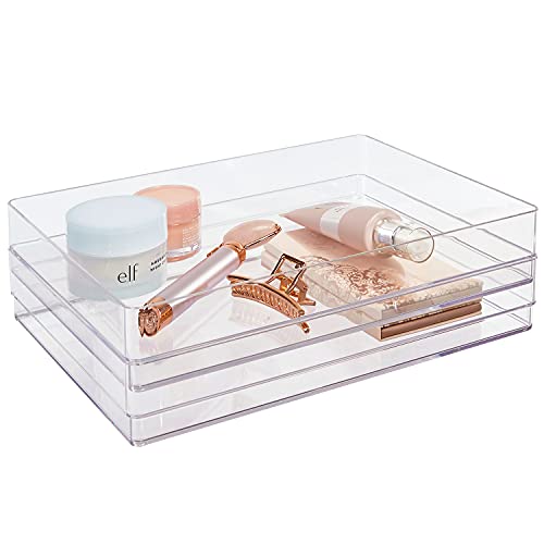 STORi SimpleSort 2-Piece Stackable Clear Drawer Organizer Set | 12" x 9" x 2" Rectangle Trays | Wide Makeup Vanity Storage Bins and Office Desk Drawer Dividers | Made in USA