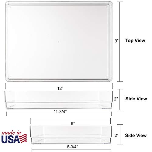 STORi SimpleSort 2-Piece Stackable Clear Drawer Organizer Set | 12" x 9" x 2" Rectangle Trays | Wide Makeup Vanity Storage Bins and Office Desk Drawer Dividers | Made in USA