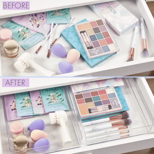 STORi SimpleSort 2-Piece Stackable Clear Drawer Organizer Set | 12" x 9" x 2" Rectangle Trays | Wide Makeup Vanity Storage Bins and Office Desk Drawer Dividers | Made in USA