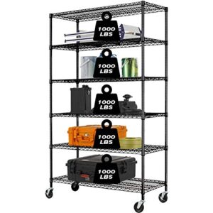 hcb 6-tier storage shelf heavy duty wire shelving unit 76"x48"x18" height adjustable metal steel wire with casters for restaurant garage pantry kitchen rack (black)