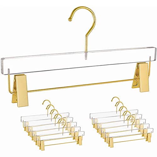 Besser 10Pack Gold Acrylic Hangers,Clear Hangers with Gold Hooks,Luxurious Skirt Pants Hangers Gold Clips for Clothing Closet Storage