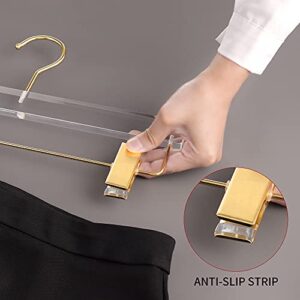 Besser 10Pack Gold Acrylic Hangers,Clear Hangers with Gold Hooks,Luxurious Skirt Pants Hangers Gold Clips for Clothing Closet Storage