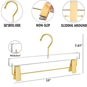 Besser 10Pack Gold Acrylic Hangers,Clear Hangers with Gold Hooks,Luxurious Skirt Pants Hangers Gold Clips for Clothing Closet Storage