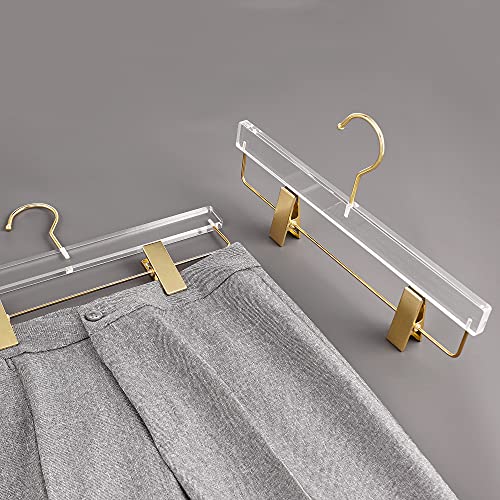 Besser 10Pack Gold Acrylic Hangers,Clear Hangers with Gold Hooks,Luxurious Skirt Pants Hangers Gold Clips for Clothing Closet Storage