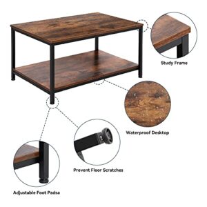 ZenStyle Industrial Coffee Table with Storage Shelf for Living Room, Wood Look Accent Furniture with Vintage Wooden Board Stable Metal Frame Cocktail Table 2-Tier Tea Table, Rustic Brown