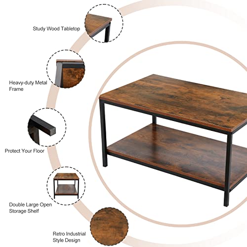 ZenStyle Industrial Coffee Table with Storage Shelf for Living Room, Wood Look Accent Furniture with Vintage Wooden Board Stable Metal Frame Cocktail Table 2-Tier Tea Table, Rustic Brown