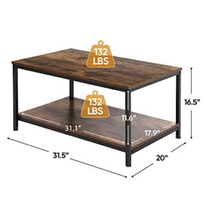 ZenStyle Industrial Coffee Table with Storage Shelf for Living Room, Wood Look Accent Furniture with Vintage Wooden Board Stable Metal Frame Cocktail Table 2-Tier Tea Table, Rustic Brown