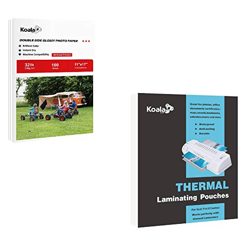 Koala Hot Thermal Laminating Pouches 3 mil 11.5x17.5 Inches and Double-Side Glossy Inkjet Photo Paper Total 155 Sheets