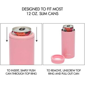 Primula Slim Can Stainless Steel Vacuum Insulated Coozie Cooler for 12 Ounce Skinny Cans, Pink