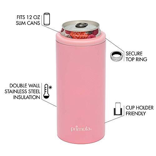 Primula Slim Can Stainless Steel Vacuum Insulated Coozie Cooler for 12 Ounce Skinny Cans, Pink