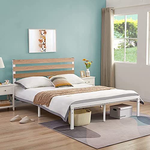 GreenForest Queen Bed Frame with Wooden Headboard Platform Bed with Metal Support Slats NO-Noise Heavy Duty Bed Industrial Country Style with 9 Strong Legs, No Need Box Spring, Queen