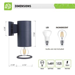 ASD E26 Base Socket Wall Mount Light Fixture | Round Cylinder Sconce | 8 Inch 60W 120V A19 Bulb | Up or Down Lighting, Outdoor Lamp, Decoration Lantern, Waterproof, ETL | Black