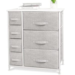 connoo 7 drawer dresser storage tower, 4-tier vertical organizer unit chest for bedroom, hallway, entryway, closet, nursery, sturdy steel frame, wooden top, easy pull fabric bins, gray/white