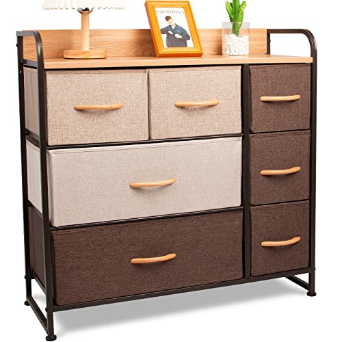 CONNOO Fabic 7 Drawer Dresser Storage Tower, Large Capacity Vertical Organizer Unit for Bedroom, Hallway, Entryway, Closet, Nursery, Sturdy Steel Frame, Wooden Top & Handle, Easy Pull Fabric Bins