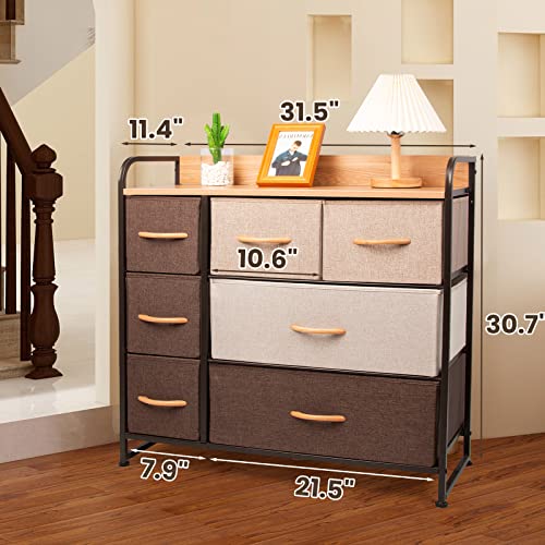 CONNOO Fabic 7 Drawer Dresser Storage Tower, Large Capacity Vertical Organizer Unit for Bedroom, Hallway, Entryway, Closet, Nursery, Sturdy Steel Frame, Wooden Top & Handle, Easy Pull Fabric Bins