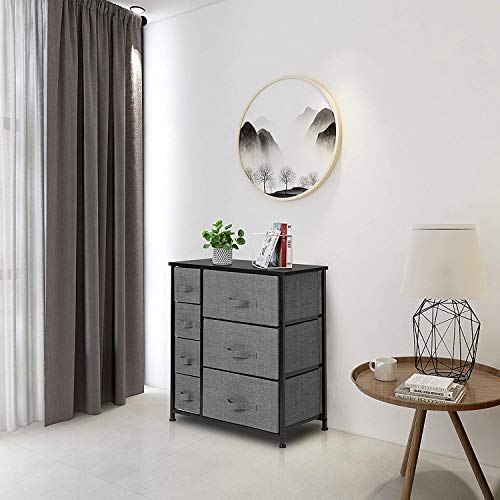 TOROTON 7 Drawers Dresser, Furniture Storage Tower Organizer Unit for Bedroom, Living Room, Hallway, Closet, Sturdy Steel Frame Wood Top with Easy Pull Fabric Bins for Clothing, Blankets - Dark Grey