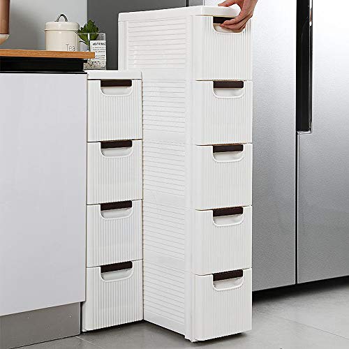 Dresser Storage Drawer Units Narrow Rolling Storage Cabinet Plastic 5-Drawer Storage Cart on Wheels,Standing Shelf Units for Bathroom Bedroom Office Kitchen Living Room (5-Drawer)