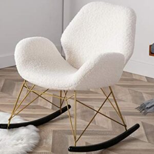 White Rocking Chair Faux Fur Soft Fabric Rocker Chair for Nursery Recliner Lounge Chair Modern Indoor Armchair for Living Room Bedroom