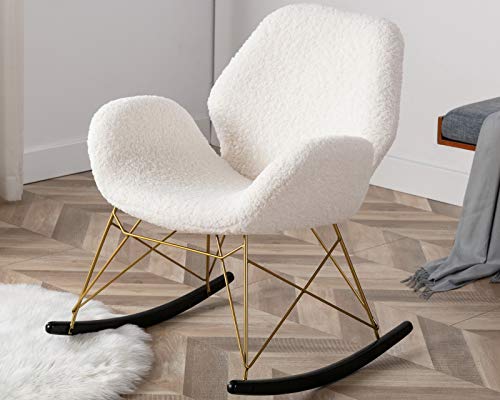 White Rocking Chair Faux Fur Soft Fabric Rocker Chair for Nursery Recliner Lounge Chair Modern Indoor Armchair for Living Room Bedroom