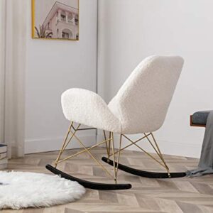 White Rocking Chair Faux Fur Soft Fabric Rocker Chair for Nursery Recliner Lounge Chair Modern Indoor Armchair for Living Room Bedroom