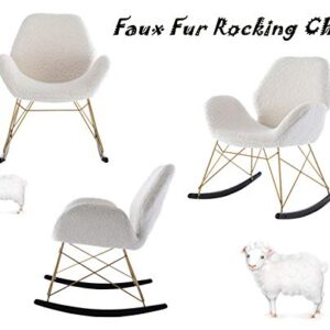 White Rocking Chair Faux Fur Soft Fabric Rocker Chair for Nursery Recliner Lounge Chair Modern Indoor Armchair for Living Room Bedroom